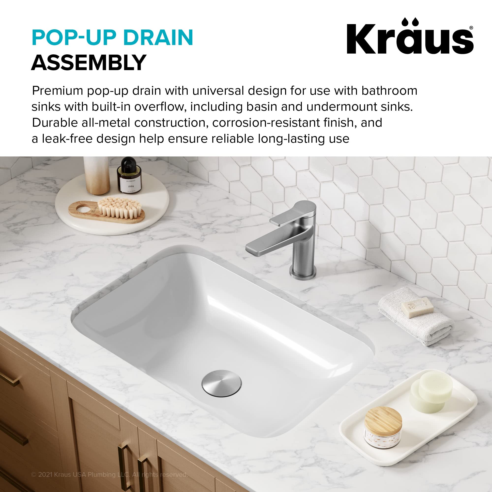 KRAUS Pop-Up Drain for Bathroom Sink with Overflow in Spot-Free Stainless Steel, PU-11SFS