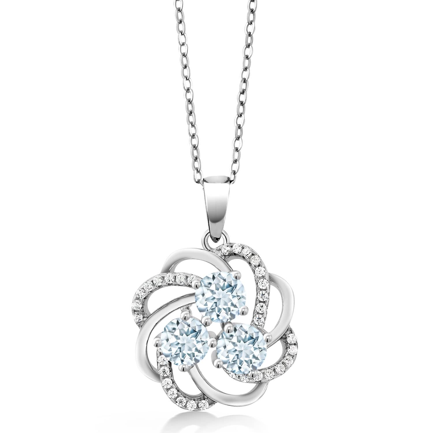 Gem Stone King 925 Sterling Silver Sky Blue Aquamarine Pendant Necklace For Women (1.82 Cttw, Gemstone Birthstone, Round 5MM, with 18 Inch Silver Chain)