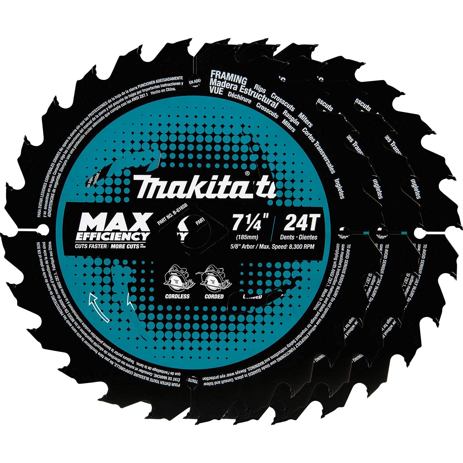 Makita B-61656-3 7-1/4" 24T Carbide-Tipped Max Efficiency Circular Saw Blade, Framing, 3/pk