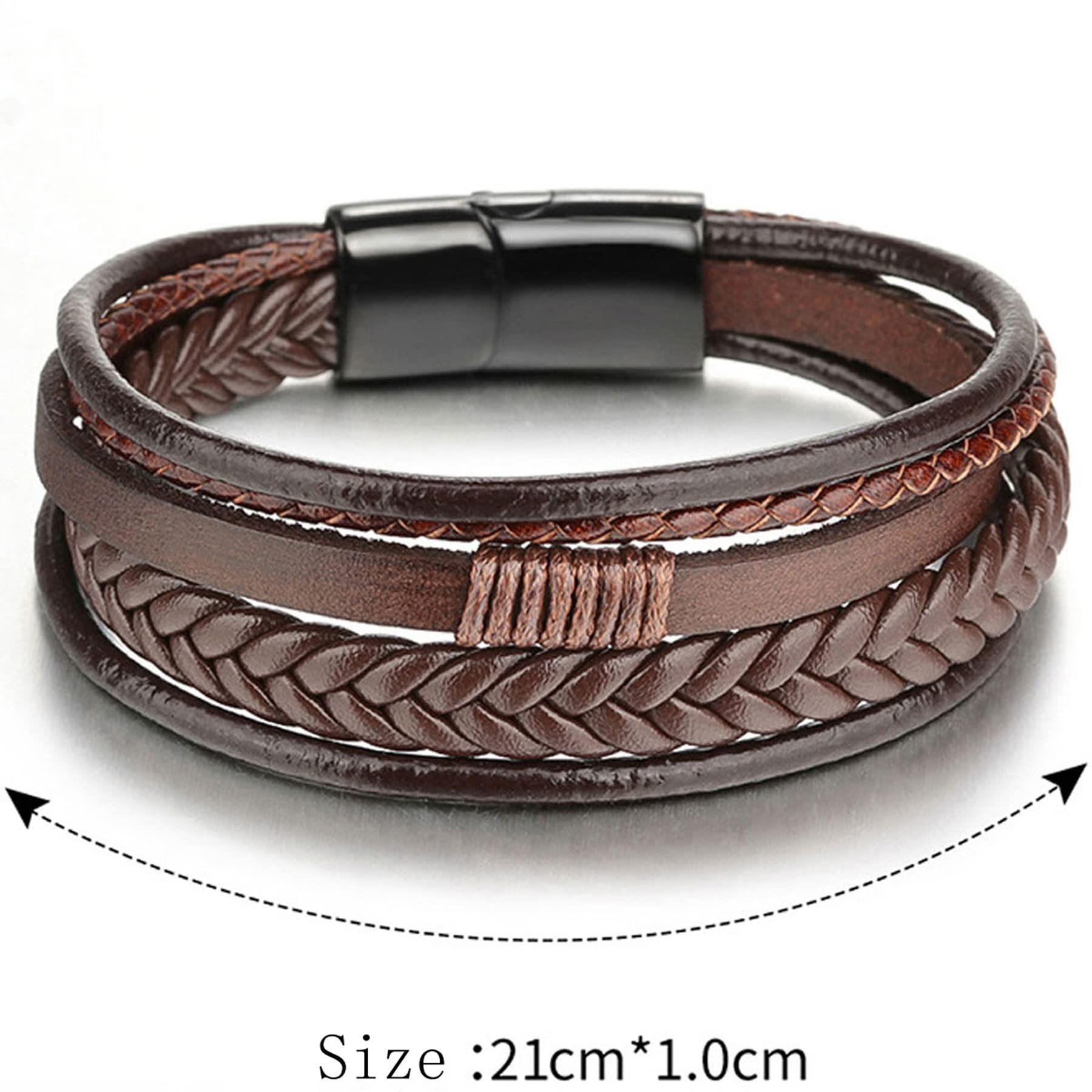 Jaslee Multi-Layered Cowhide Leather Braided Bracelet Men Women 8.3 Inches Gifts for Couple-Brown&Silver
