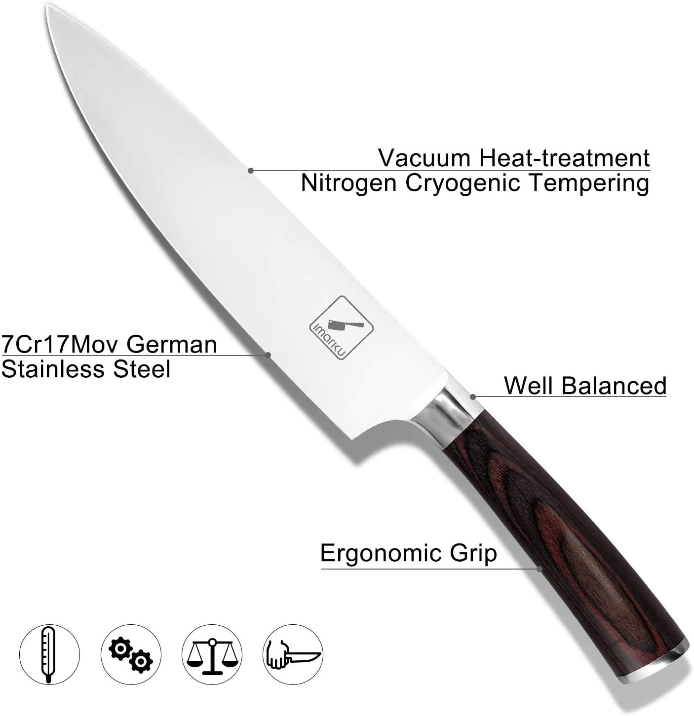 imarku Chef Knife - Pro Kitchen Knife 8 Inch Chef's Knives Japanese SUS440A Stainless Steel Sharp Paring Knife with Ergonomic Handle (Brown Handle)