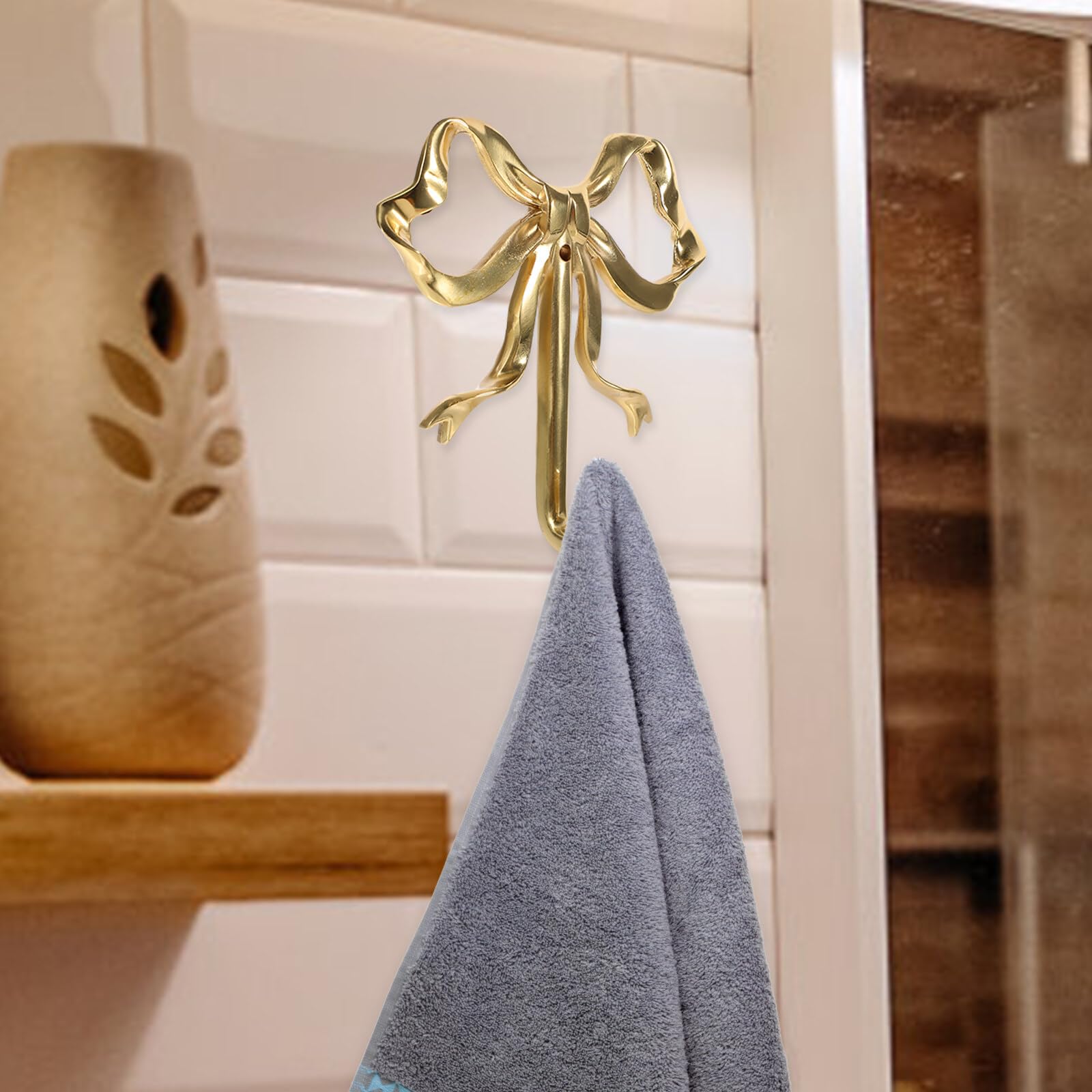 LOGOFUN 2pcs Bow Hook Bowknot Hook Bow Hooks for Wall Bowknot Brass Hook Gold Wall Hook for Hanging Coat Hat Towel - Large (3.62X3.54X0.79in)