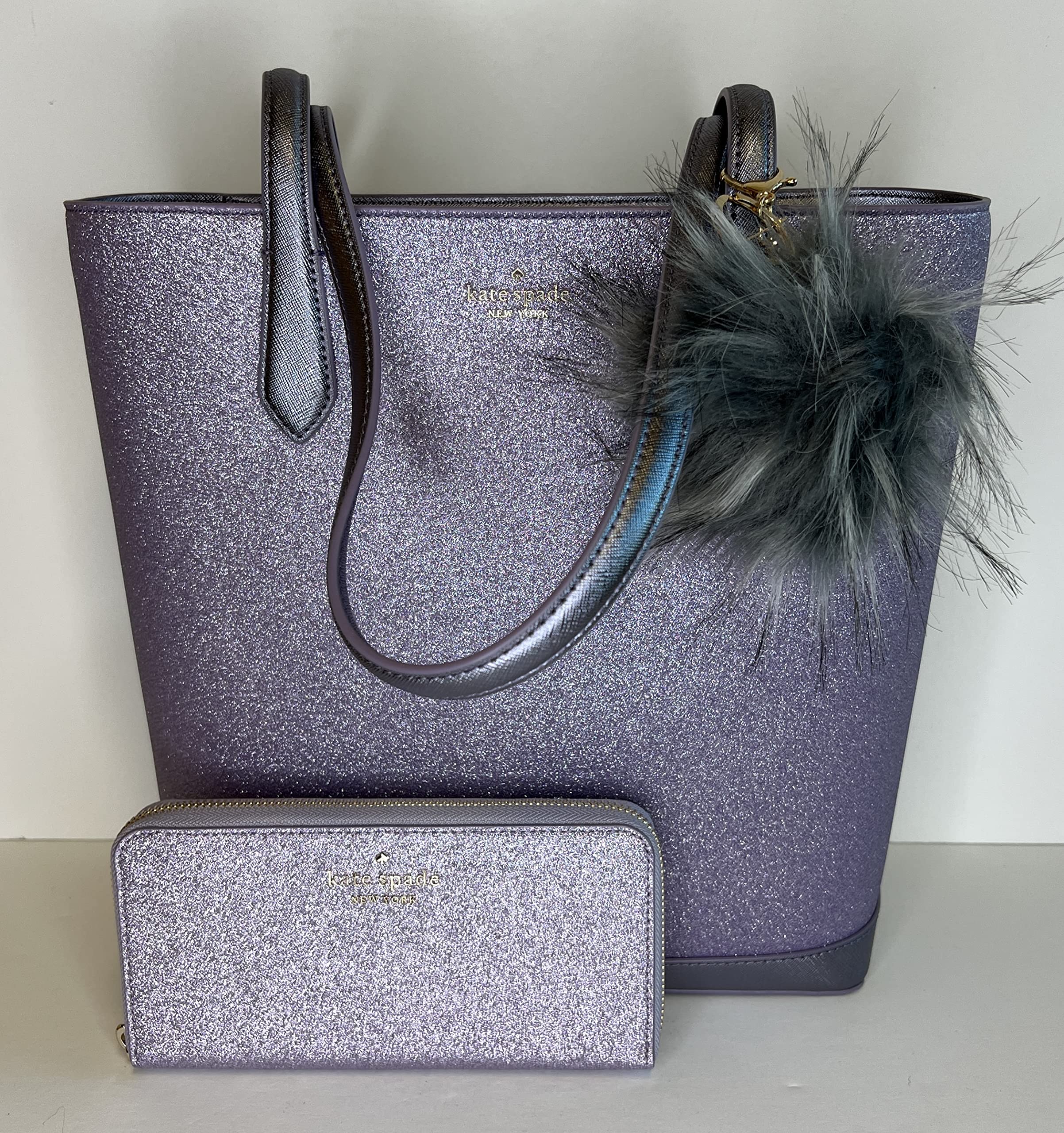 Kate Spade New York Tinsel Glitter Tote bundled with Large Continental Wallet and Fur Pom (Lilac Frost)
