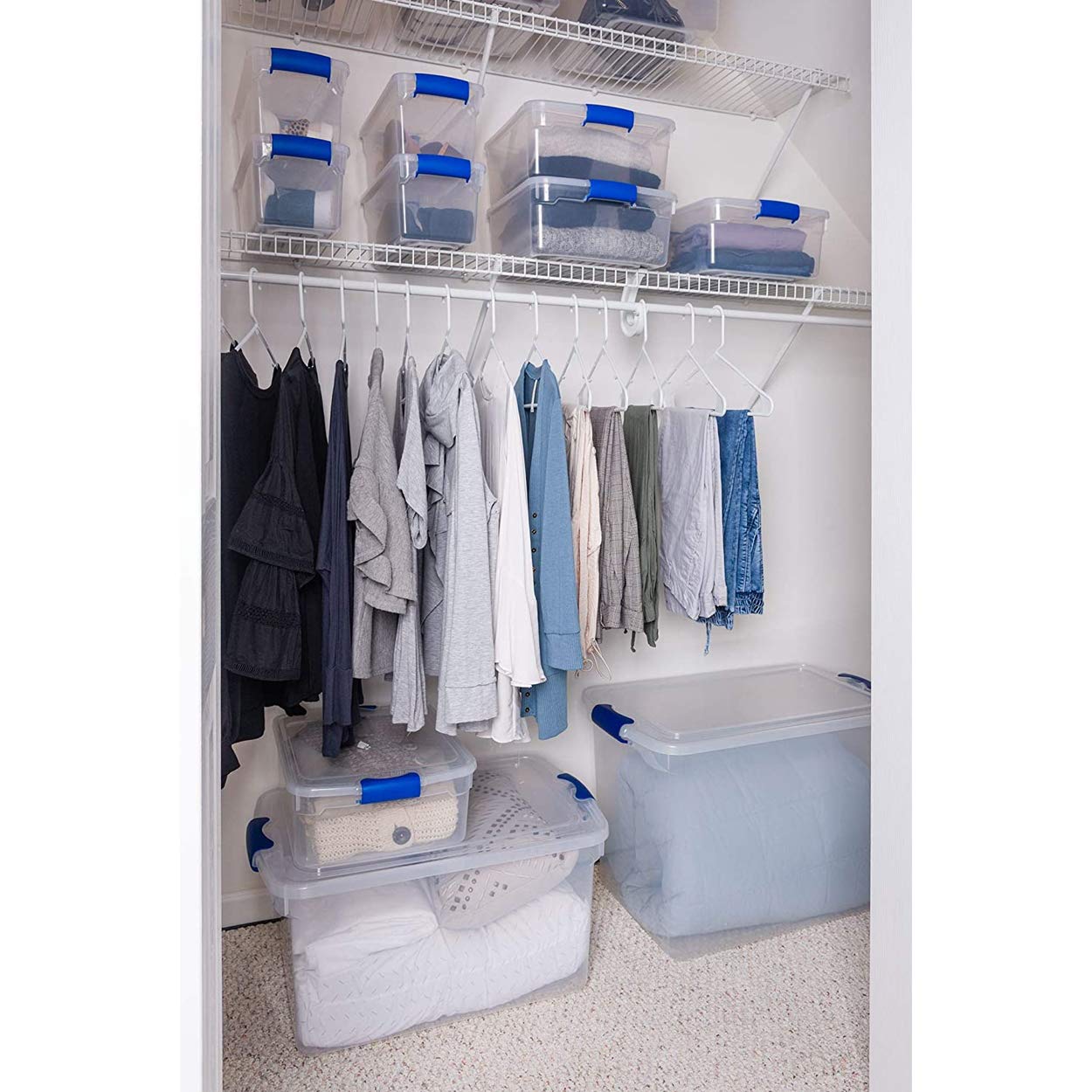 HOMZ Heavy Duty Modular Stackable Storage Bins, Containers with Latching Handles and Snap Lids for Home, Office, and Garage Organization, 15.5 Quart Capacity, Clear, 12 Pack