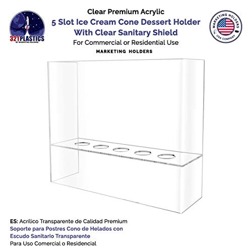Ice Cream Cone Holder 5 Slot Clear Acrylic Countertop Dessert Display with Sneeze Guard No Assembly for Restaurants Catered Events and Buffets by Marketing Holders