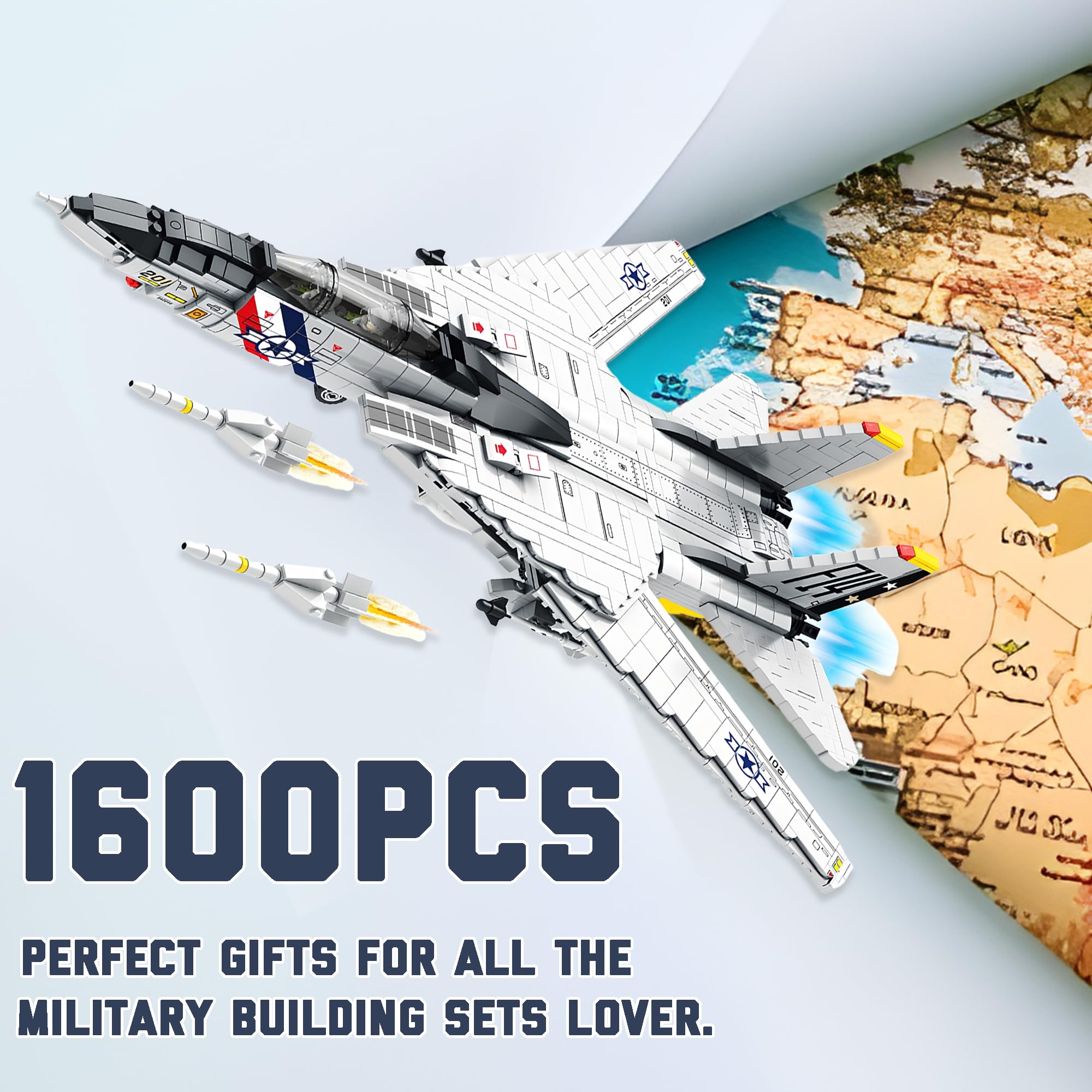 HI-REEKE F-14 Jet Fighter Plane Tomcat Military Building Set for Adult, Army Model Jet Fighter Plane 1:34-1600 PCS
