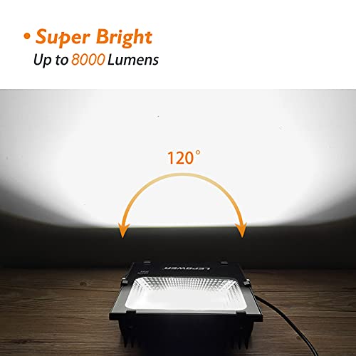 LEPOWER 100W LED Flood Light Outdoor, Plug in Exterior Work Light, 500W Halogen Bulb Equivalent, IP66 Waterproof, 8000LM, 6000K, Outdoor Floodlight Fixture for Backyard, Garden, Garage, Playground
