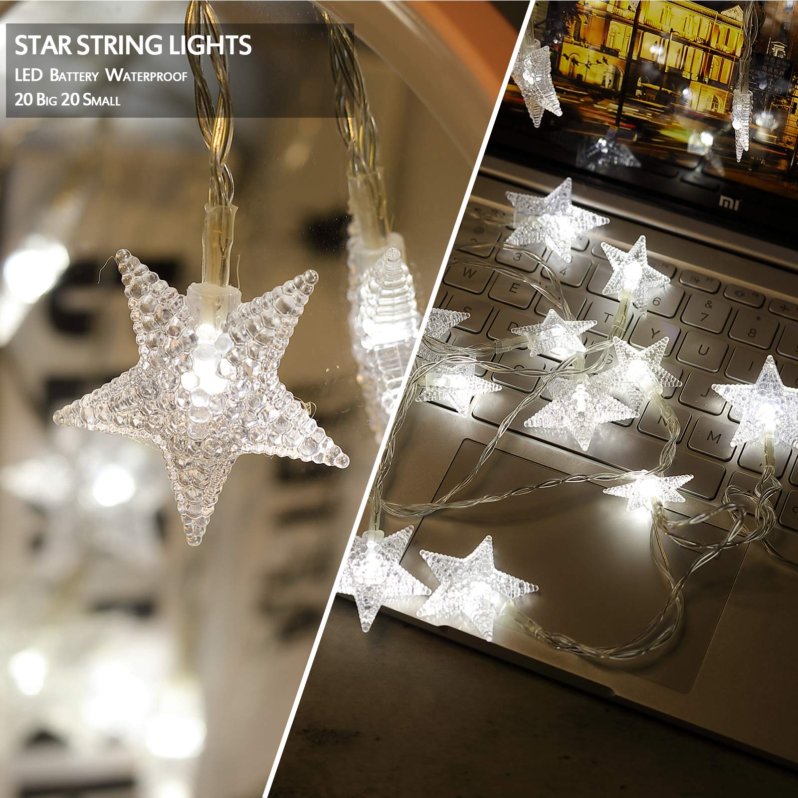 HOME RIGHT Christmas String Lights, 20Ft 40 LED Stars Waterproof Battery Operated Remote Control Twinkle String Light for Indoor Outdoor Garden Patio Yard Camping Halloween Holiday White
