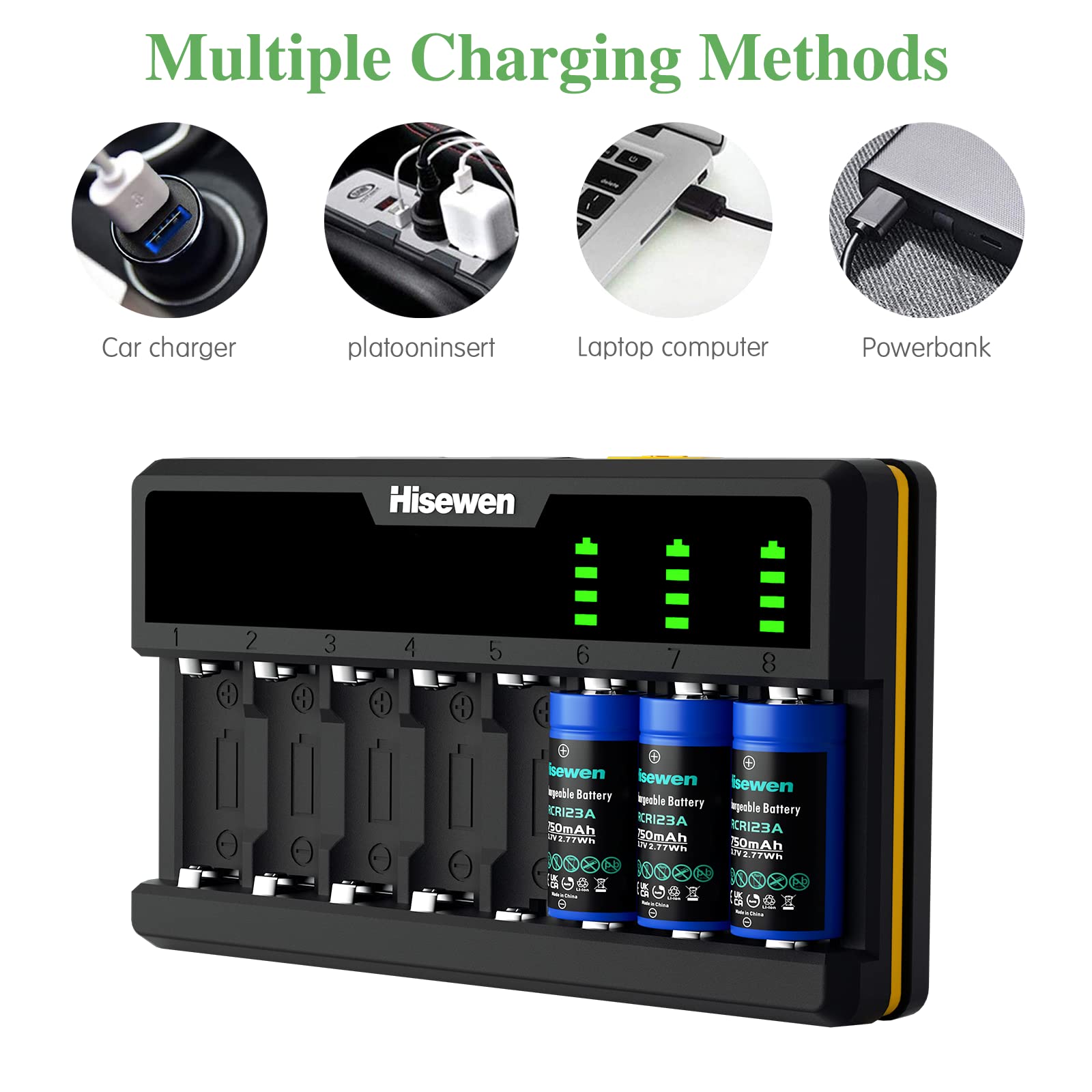 Hisewen 8 Pack CR123A Lithium Batteries, 3.7V 750mAh 123a Rechargeable Batteries with Charger for Arlo Camera VMC3030 VMK3200 VMS3230/3330/3430/3530 & Flashlights & Headlamp