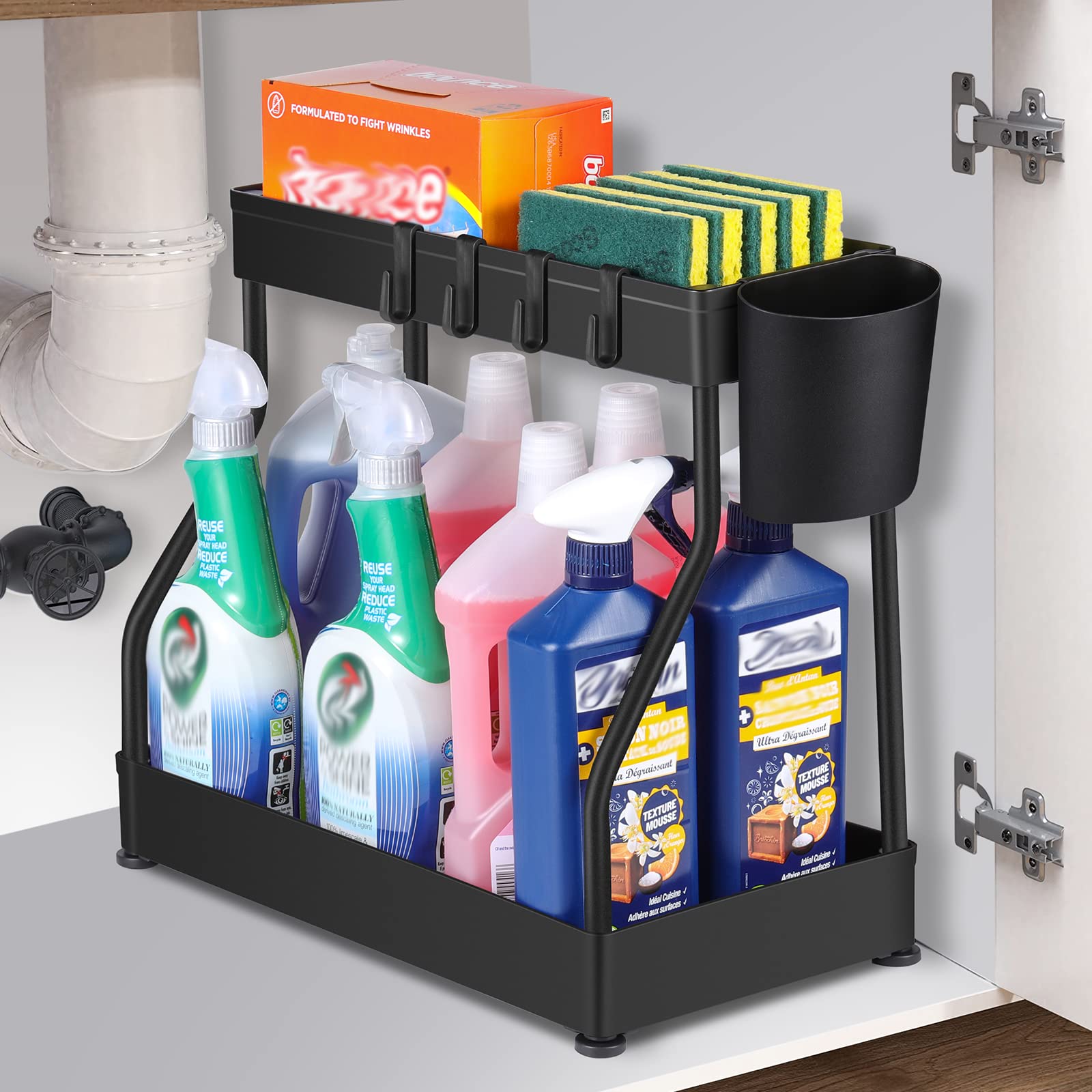 Heyzeibo Under Sink Organizers and Storage, 2 Tier Kitchen Organization with 4 Hooks and 1 Hanging Cup Multi-Use Under Sink Bathroom Organizer for Kitchen, Sink, Bedroom, Cabinet