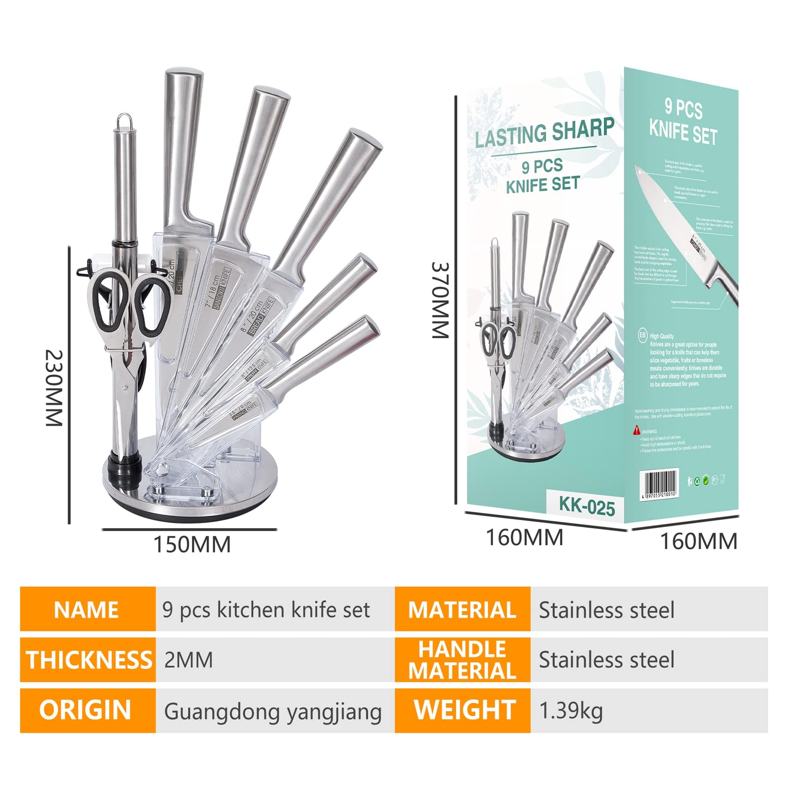 Knife Set, Professional Stainless Steel Chef Knife Set of 9 with Rotatable Acrylic Stand for Kitchen, Ergonomic Ultra Sharp Non-Stick Kitchen Knife set with Gift Box for Women Gifts (Silver)