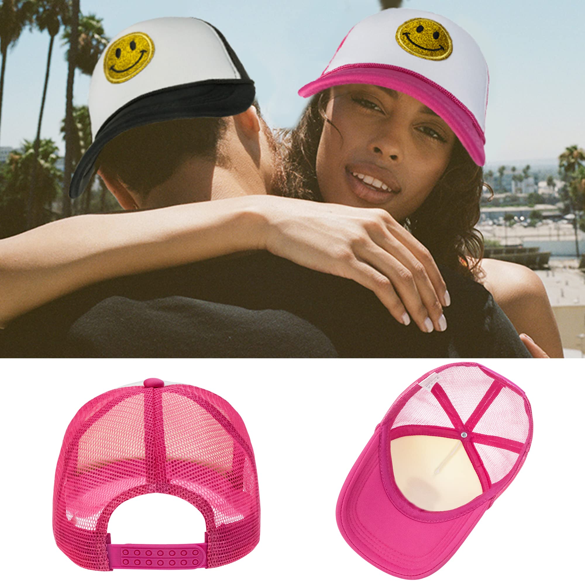 IZUS Women Preppy Trucker Hats,Teen Crown-Foam Mesh-Back Baseball Cap,Men Smiley-Face Adjustable Snapback Dad Hat 22"