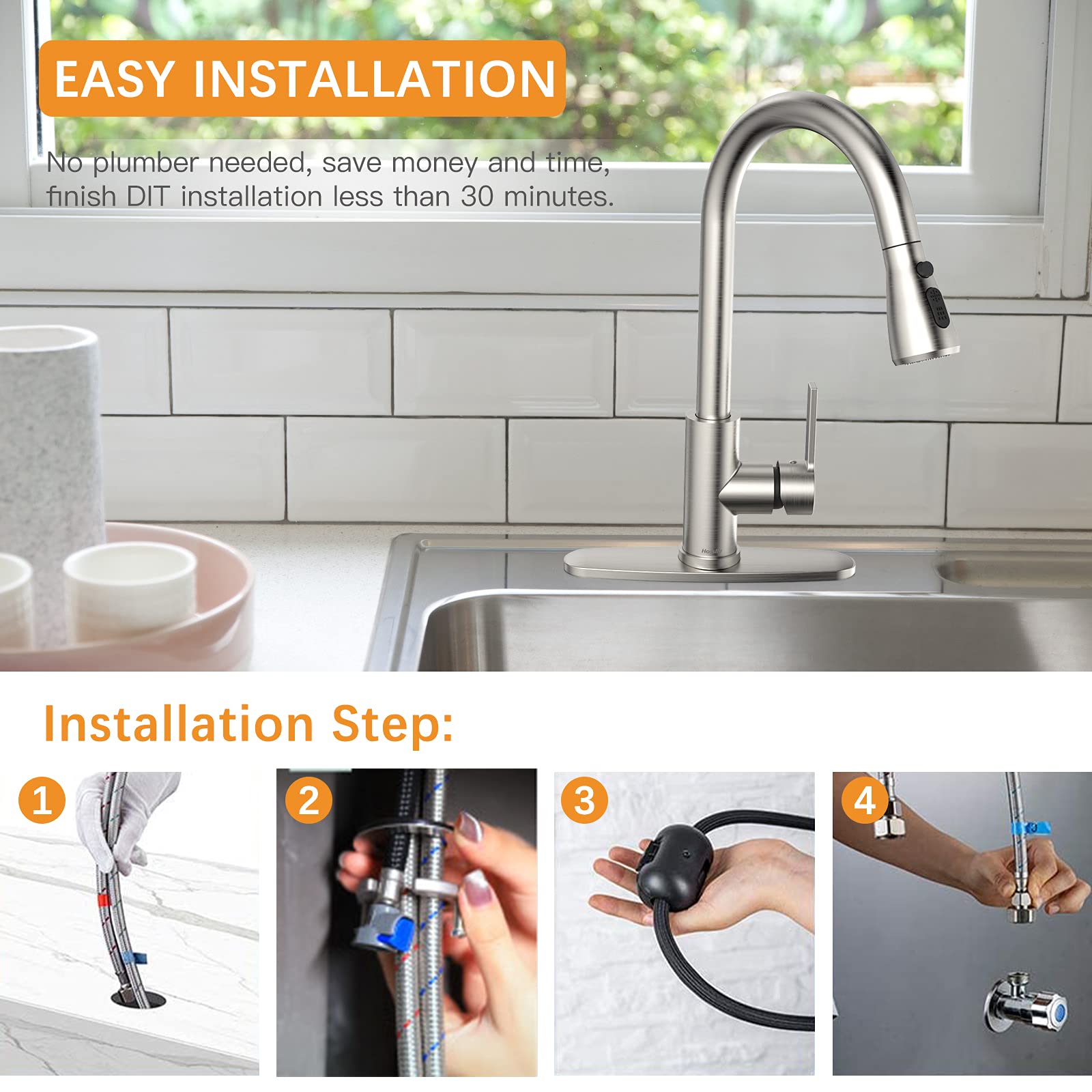 Kitchen Faucet, Brushed Nickel Kitchen Faucet for Sink with Sprayer, Single Handle faucets High Arc Modern Spring Kitchen Sink Faucet Stainless Steel with Deck Plate, for One Hole Or 3 Hole
