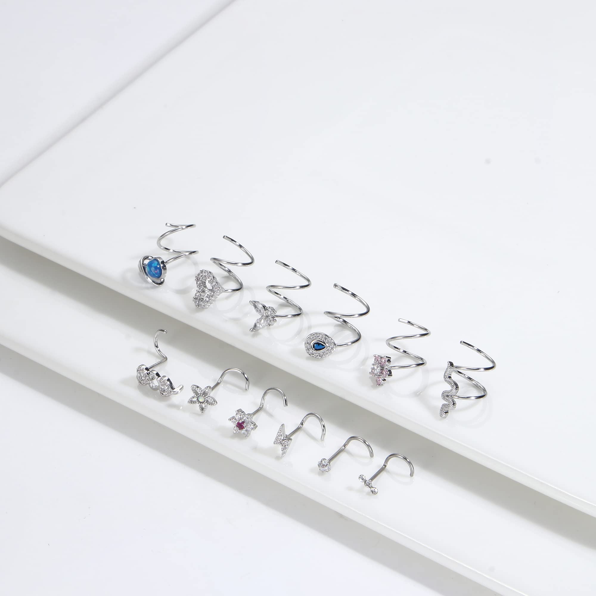 Jstyle 20G 12Pcs Nose Rings for Women Men Stainless Steel Double Nose Ring Hoop for Single Piercing Nose Studs Nose Ring Hoops CZ Piercing Jewelry Silver