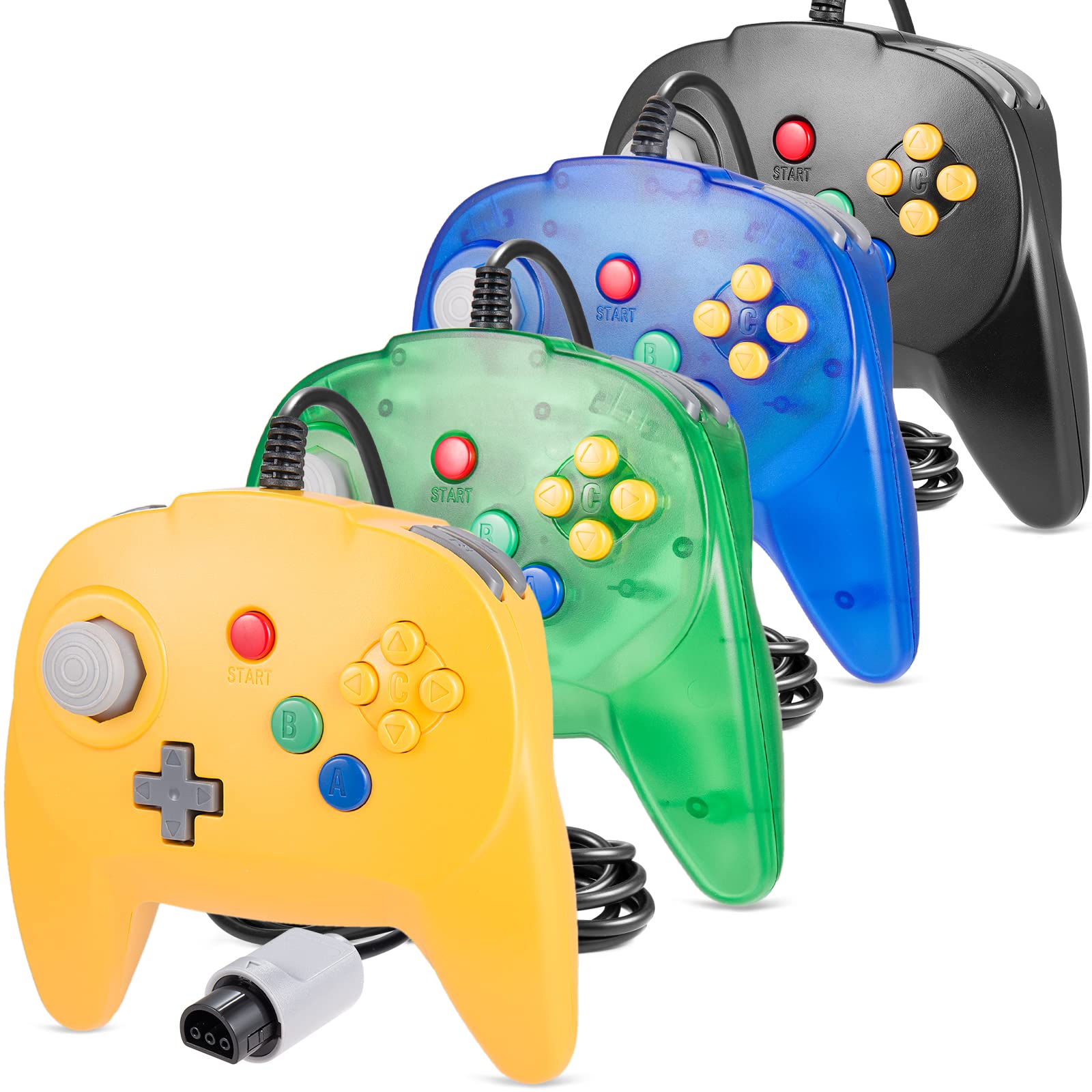 iNNEXT [New Version] 4 Pack for N64 Controller, Game pad Joystick for 64 - Plug & Play (Non PC USB Version) (Joystick from Japan) Black/Clear Blue/Clear Green/Yellow