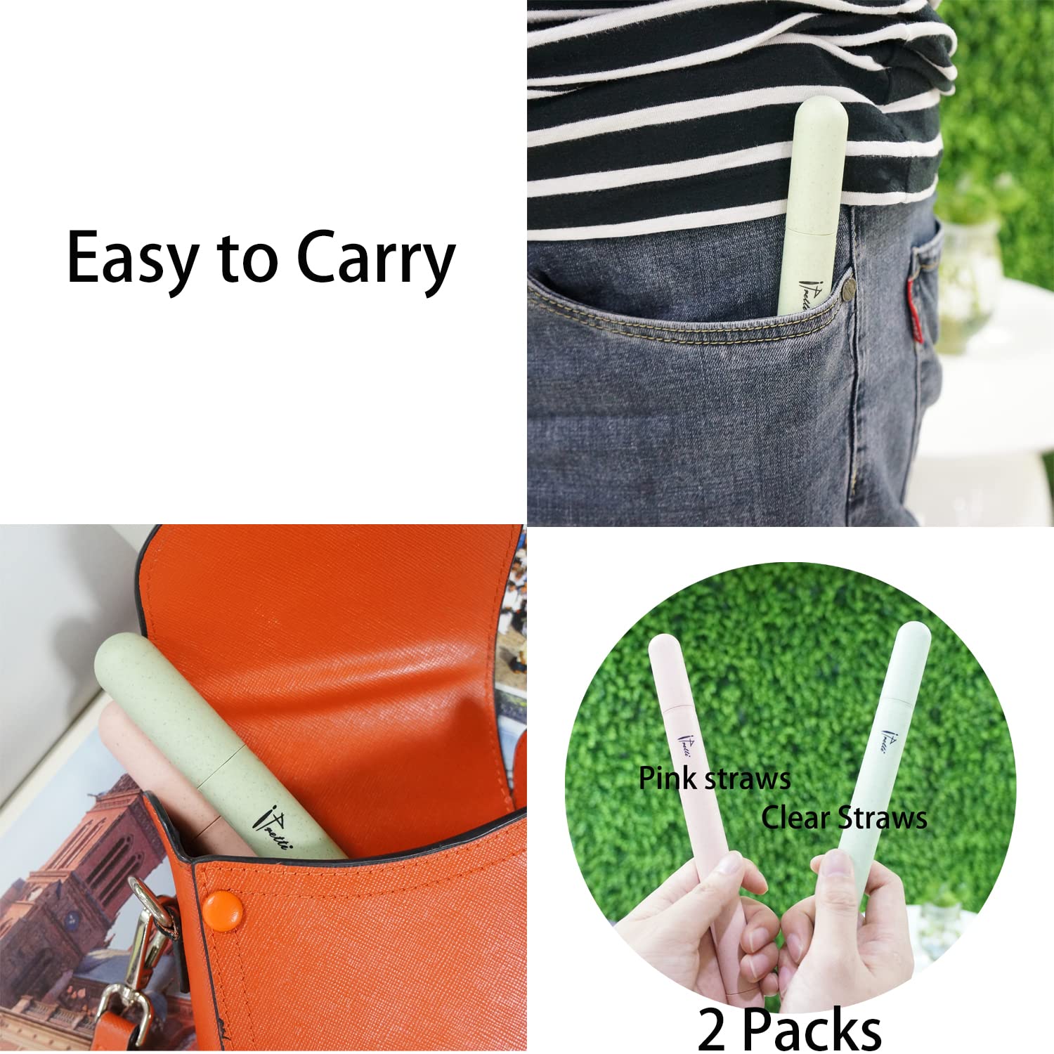 Ipretti 2 Packs Reusable Glass Drinking Boba Smoothie Straws with Wheat Straw Portable Cases,Cleaning Brushes,7mm/12mm x 8.27",Bubble Tea (Clear+Pink)