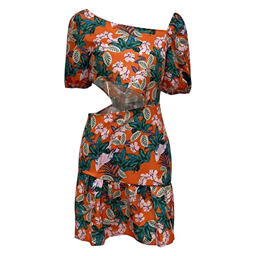 High Slit Women's Square Neck Ruffle Mini Dress Smocked Cut Out Ditsy Floral Backless Puff Short Sleeve Red