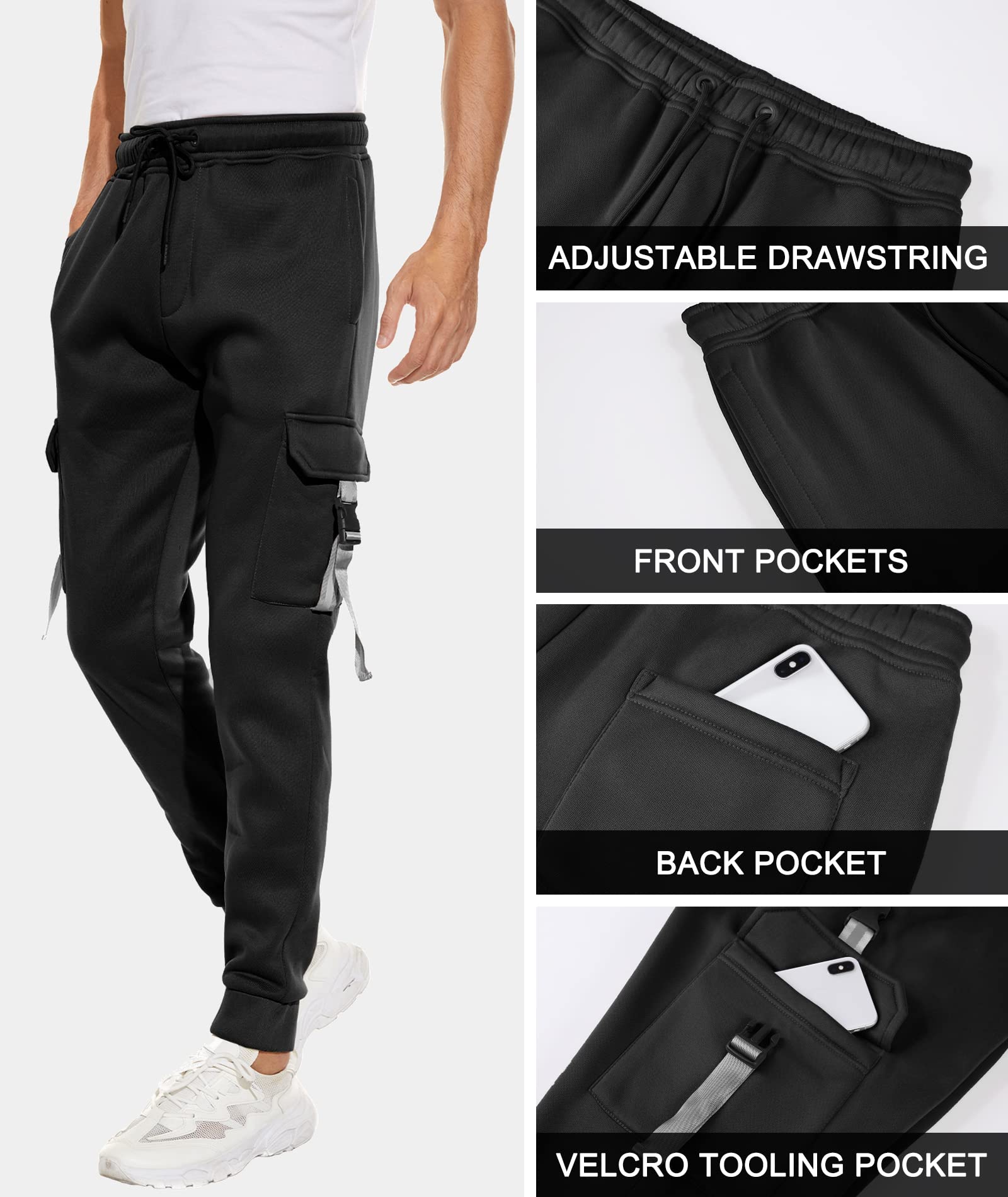 IGEEKWELL Men Sweatpants Cargo Fleece Winter Athletic Joggers Pants Warm Drawstring Pockets Elastic Black