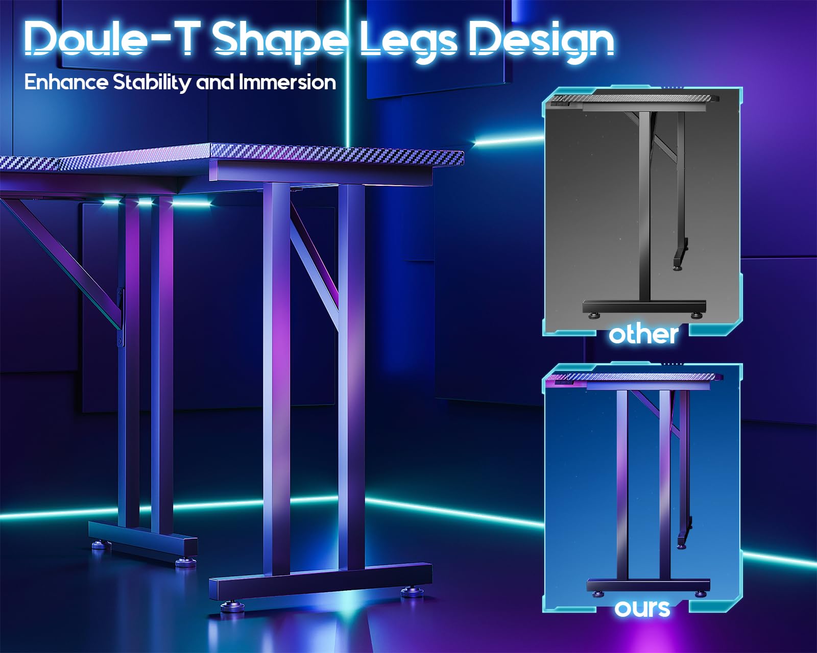 MOTPK L Shaped Gaming Desk with Led Lights, 55 Inch Gaming Computer Desk with Carbon Fiber Texture, Pc Gaming Table with Power Outlet and Headphone Hook, L Desk for Gaming, Black