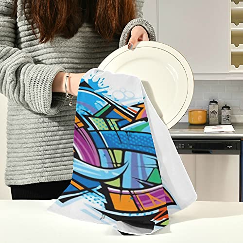 JIUCHUAN Kitchen Dish Towel Set 6 Graffiti Art Mural Kitchen Towel Large28''x18'' Kitchen Towels,Dishcloths,Decorative Waffle Towels,Hand Towels,Tea Towels