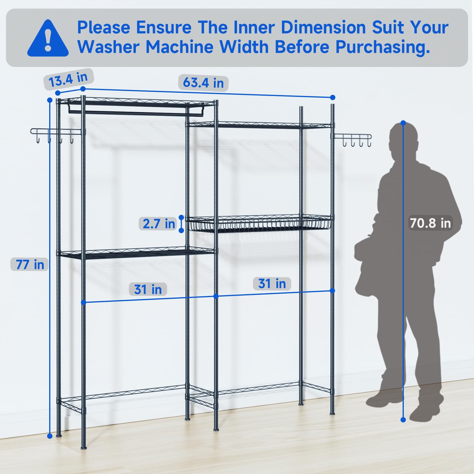 Over the Washer and Dryer Storage Shelf, Height Adjustable Laundry Room Organization Shelf, Clothes Drying Rack for Laundry Room Organization and Storage with Wire Basket, Hanging Rods and Side Hooks