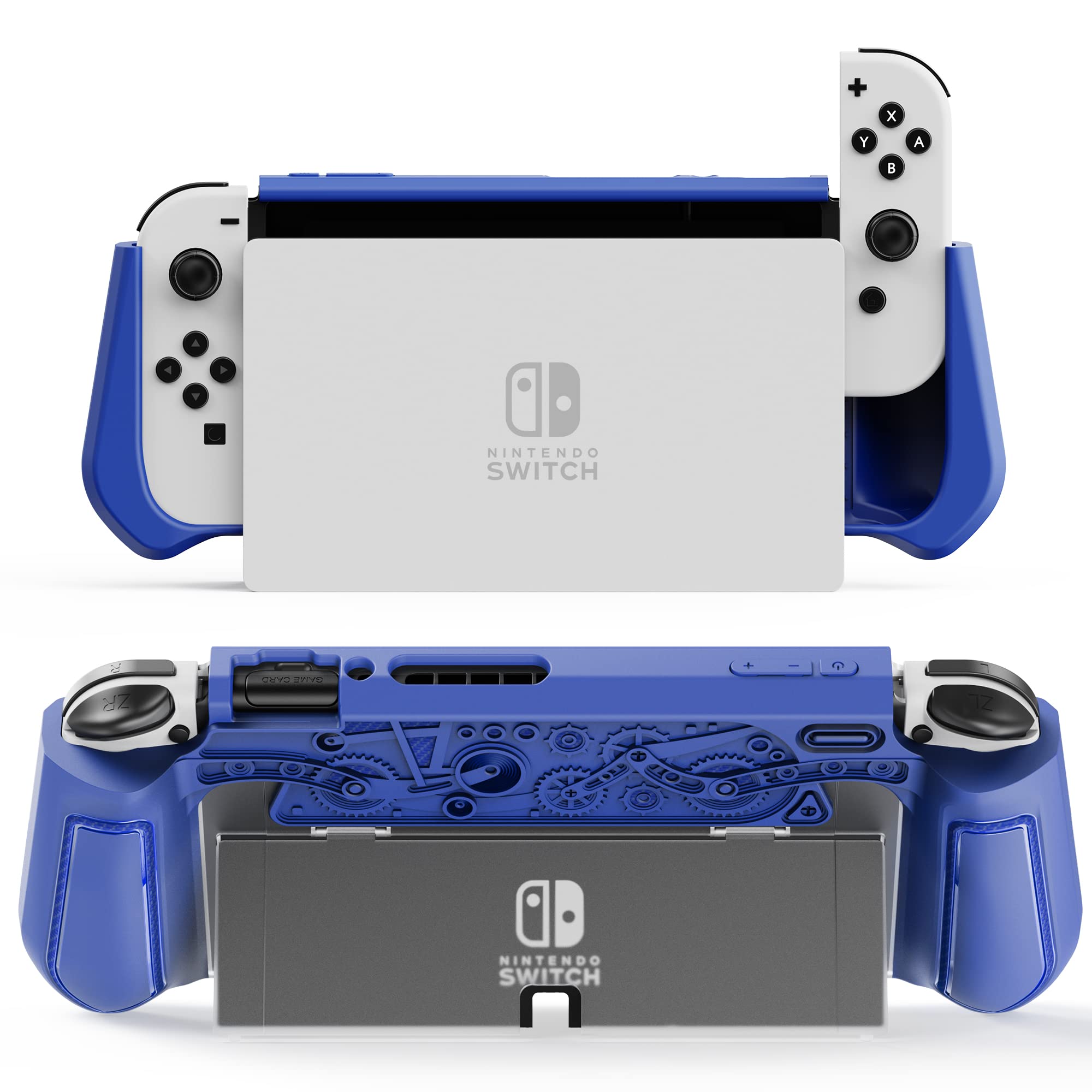 LEYUSMART Switch OLED Case (Ergonomic/Full Protection/Shock-Absorption/Anti-Scratch) Gift Glass Screen Protector & Thumb Caps, Nintendo Switch OLED Case Blue Nintendo Switch Cases