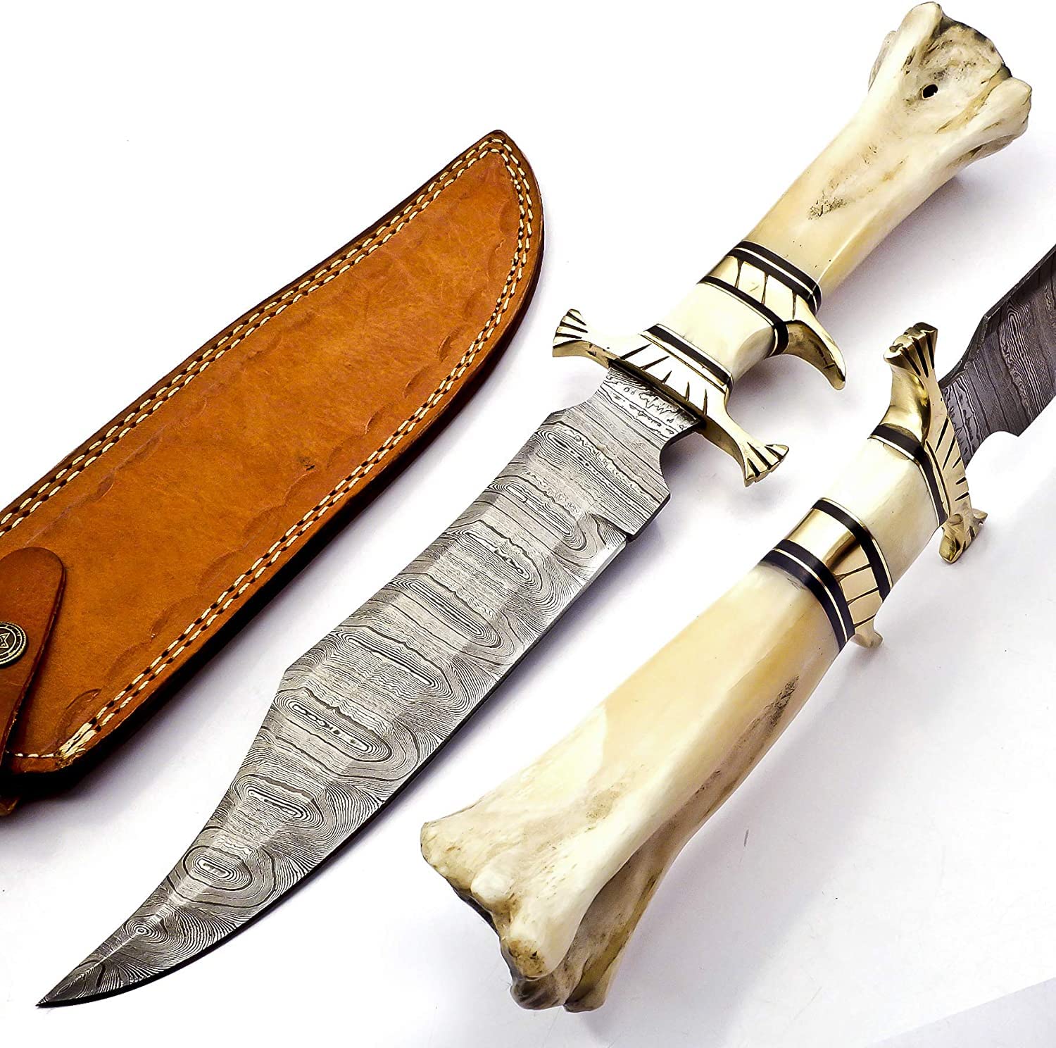 Handmade 15 Inches Knife Damascus Steel Hunting Fixed Blade Knife with Sheath Bowie Twist Pattern - Camel Bone Handle…