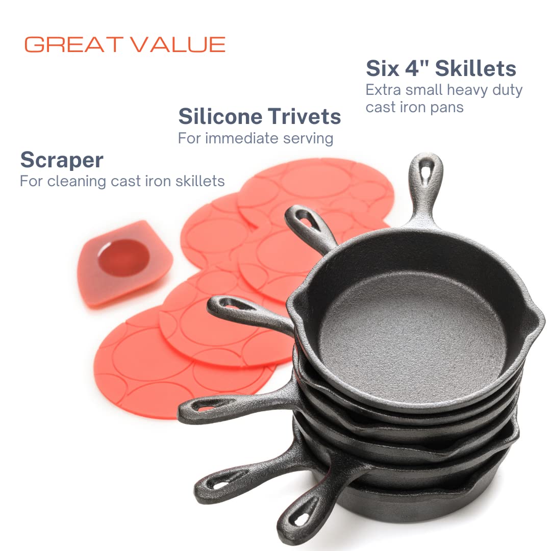 KUHA Mini Cast Iron Skillets 4β - 6-Pack of Pre-Seasoned Miniature Skillets - with 6 Small Silicone Trivets and Cast Iron Scraper
