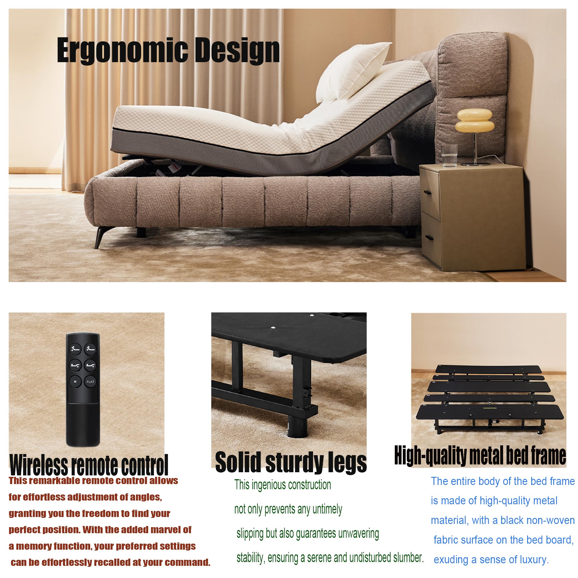 Gustonhon Electric Adjustable Bed Base,Bed Frame with Wireless Remote,Zero Gravity Ergonomic Bed Base with Head and Foot Incline,Memory Pre-Sets,Quiet Motor for Adults Seniors (King)
