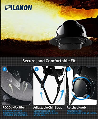 LANON Black Full Brim Hard Hat, OSHA Construction Work Approved, HDPE Safety Helmet with 4 Point Adjustable Ratchet Suspension, Class E, G & C