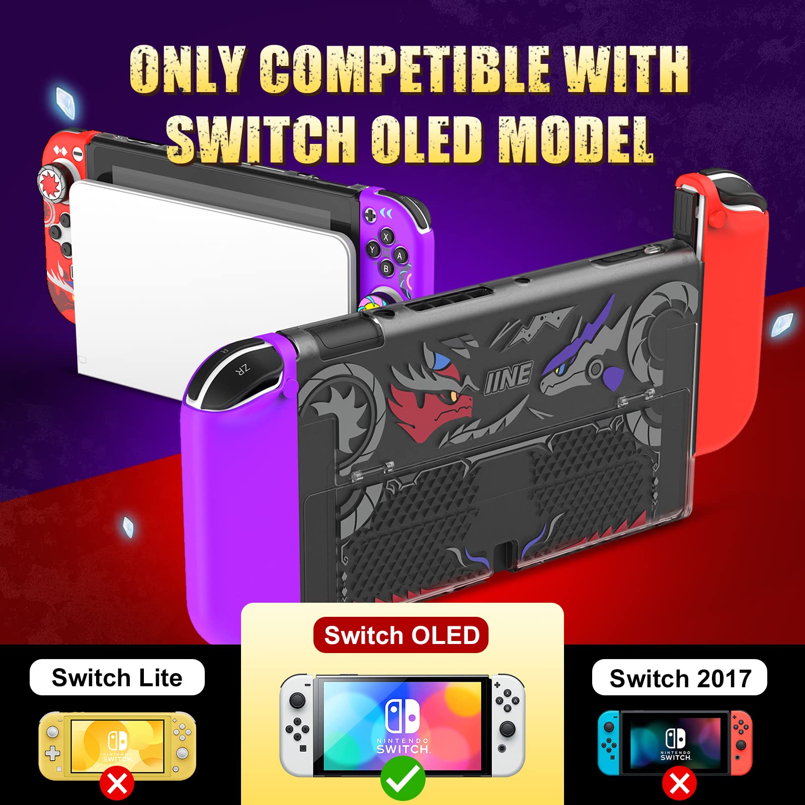 IINE Dockable Case Set for Nintendo Switch OLED, with Game Theme Print 5 in 1 Protective Case Cover Fit The Dock Station Package with 2pcs Soft Thumb Grip Covers