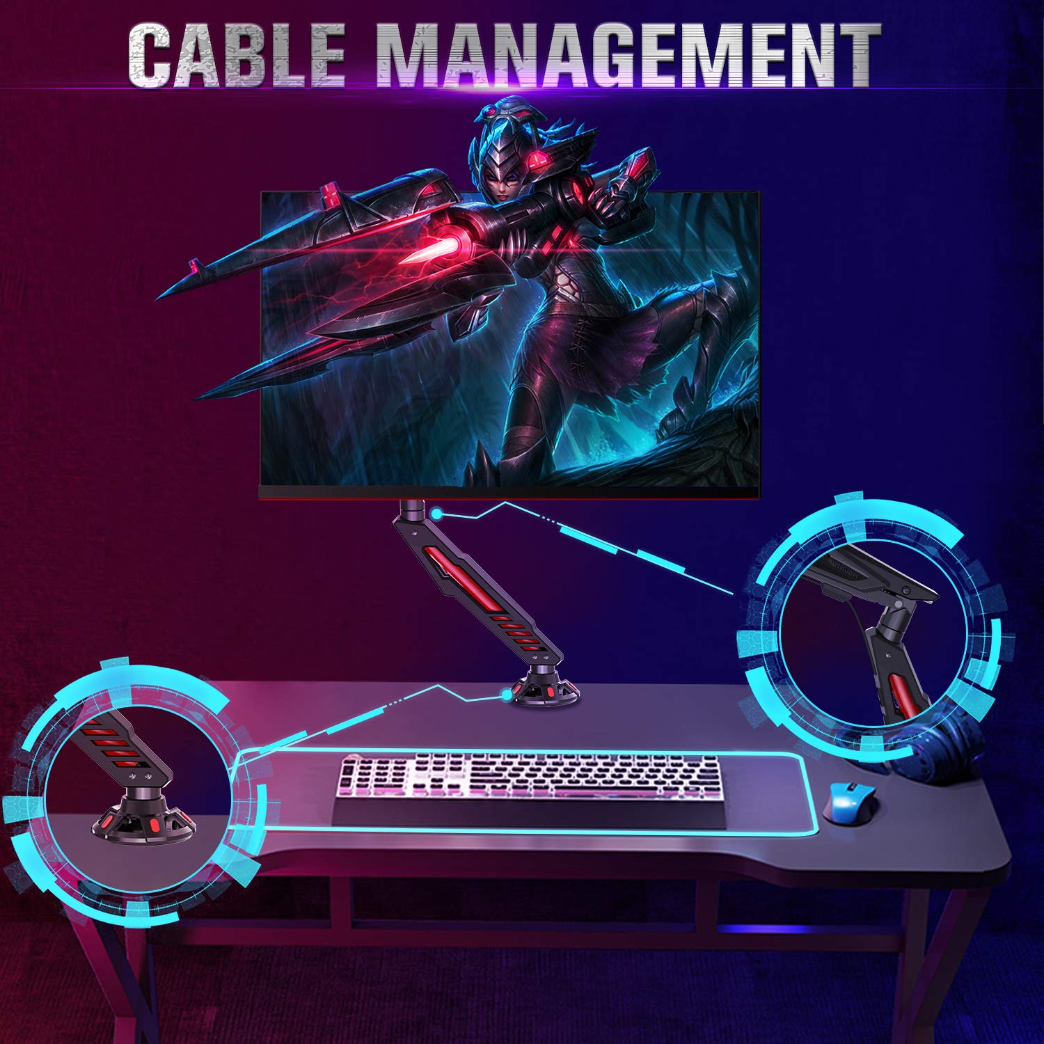 MOUNTUP Single Monitor Mount & Gaming Black Red Single Computer Monitor Stand Desk Mount Bundle