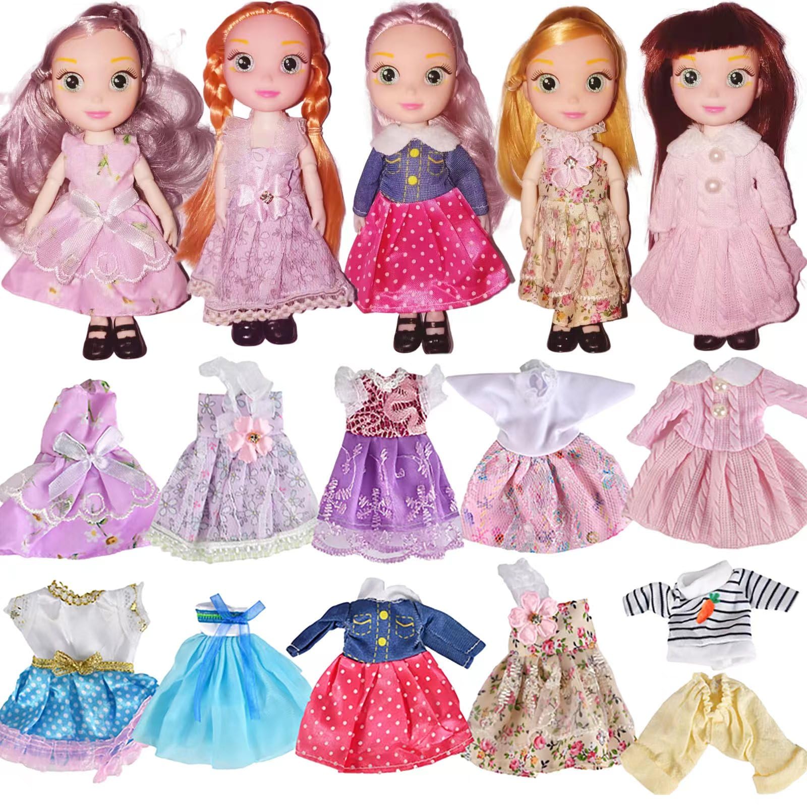 JING SHOW BUSSINESS 10 Sets Doll Clothes for 6 inch Doll ,Include 5 Pieces Girl Mini Dolls, 10 Sets Handmade Doll Clothes and 5 Pairs of Doll Shoes