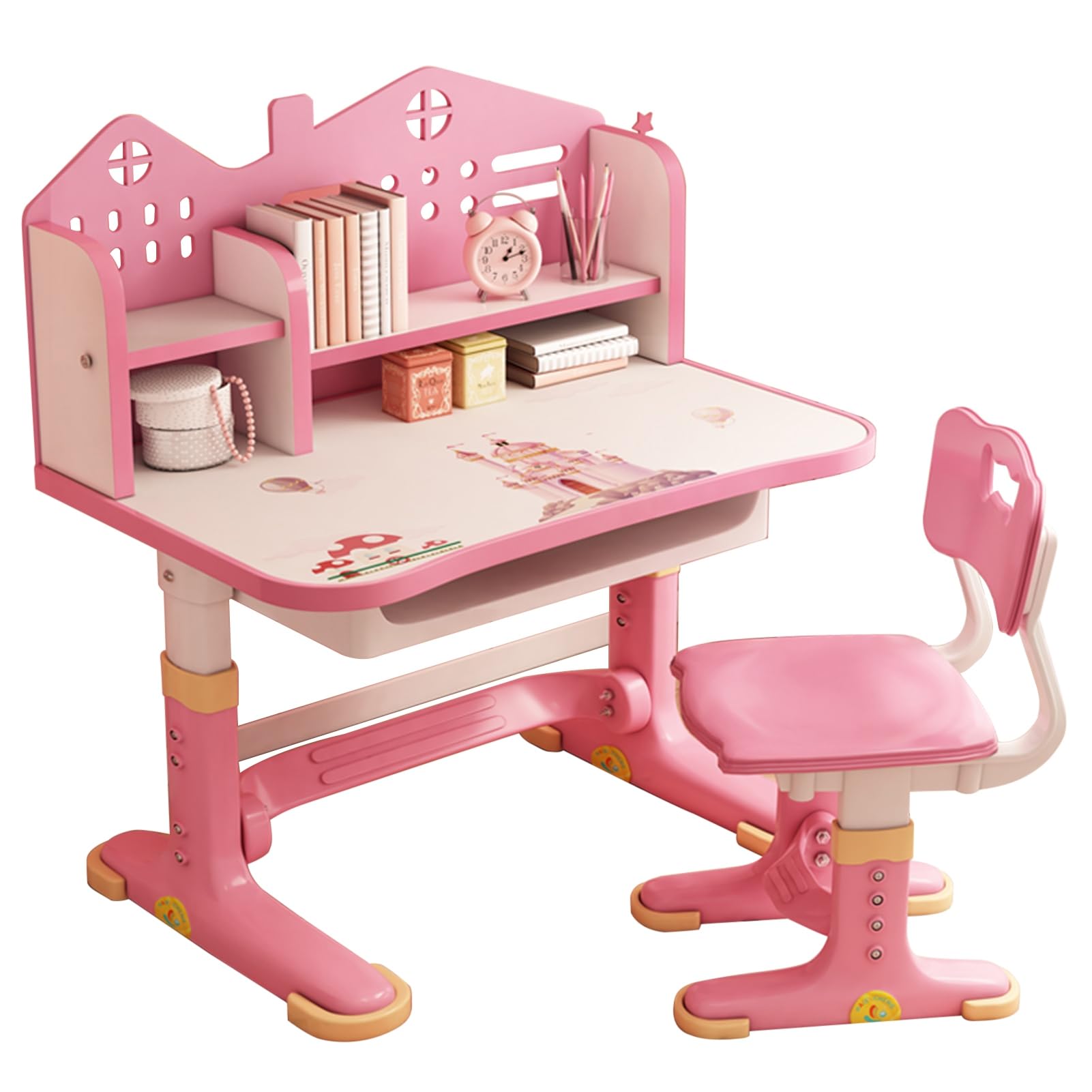 NEREIDS NET Kids Desk Chair Set,Small Desk,Standing Desk, Desk Chair Set Widened Children Desktop Height Adjustable School Study Desk with Castle Backboard,Bookstand and Storage Drawer Pink
