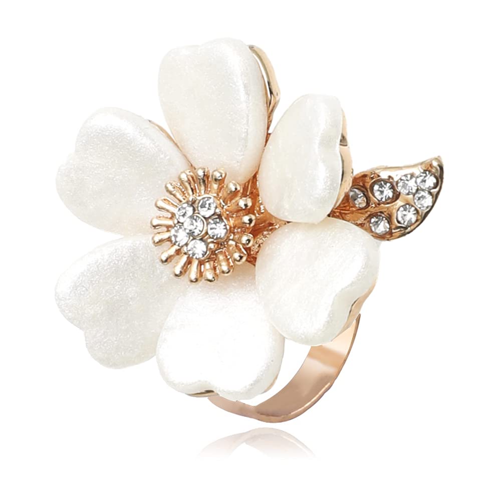 Heart Shaped Shell Pearl Flower Ring for Women Girls Vintage Gold Plated Elegant Big Statement Crystal Leaf Finger Pinky Rings Size 5 Comfort Fit Dainty Floral Jewelry Gifts for Mom Sister