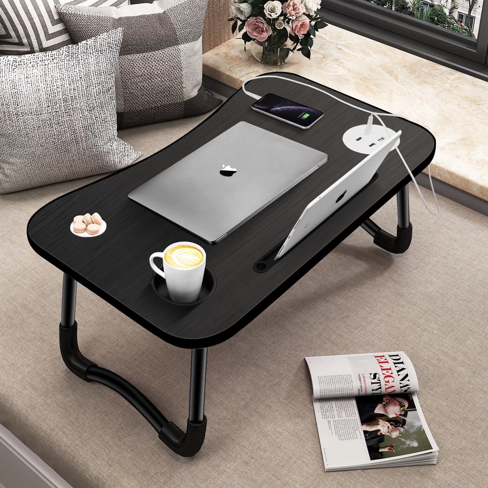HLHome Laptop Bed Desk Large Portable Foldable Laptop Table Tray Stand for Bed with USB Charge Port/Cup Holder/Storage Drawer for Working Writing Reading Eating Lapdesk On Low Sitting Floor