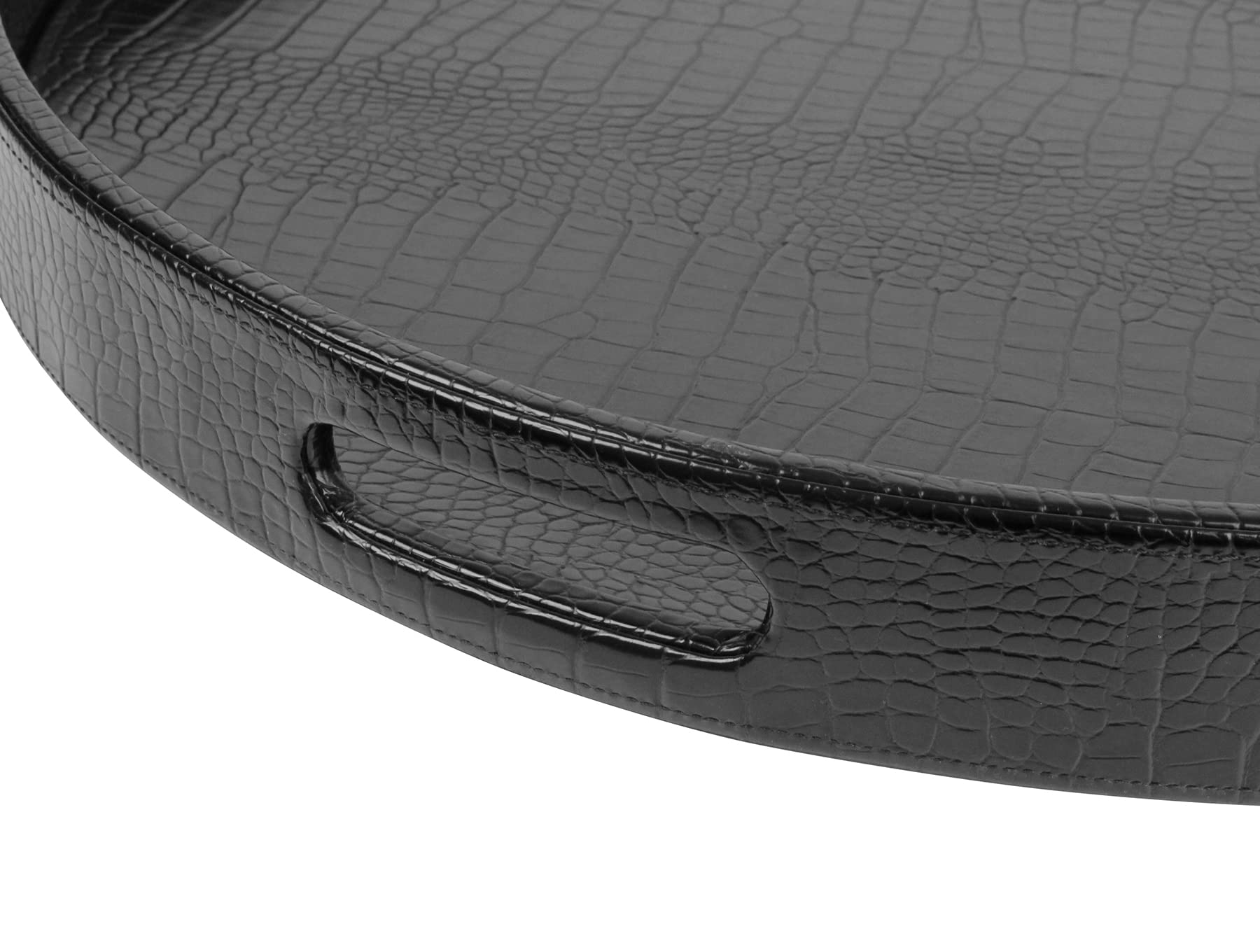 HofferRuffer Extra Large Round Serving Tray, Elegant Faux Leather Circle Ottoman Table Tray with Handles, Serve Tea, Coffee or Breakfast in Bed, Diameter 23.6 x 2.4 inches Height (Black)