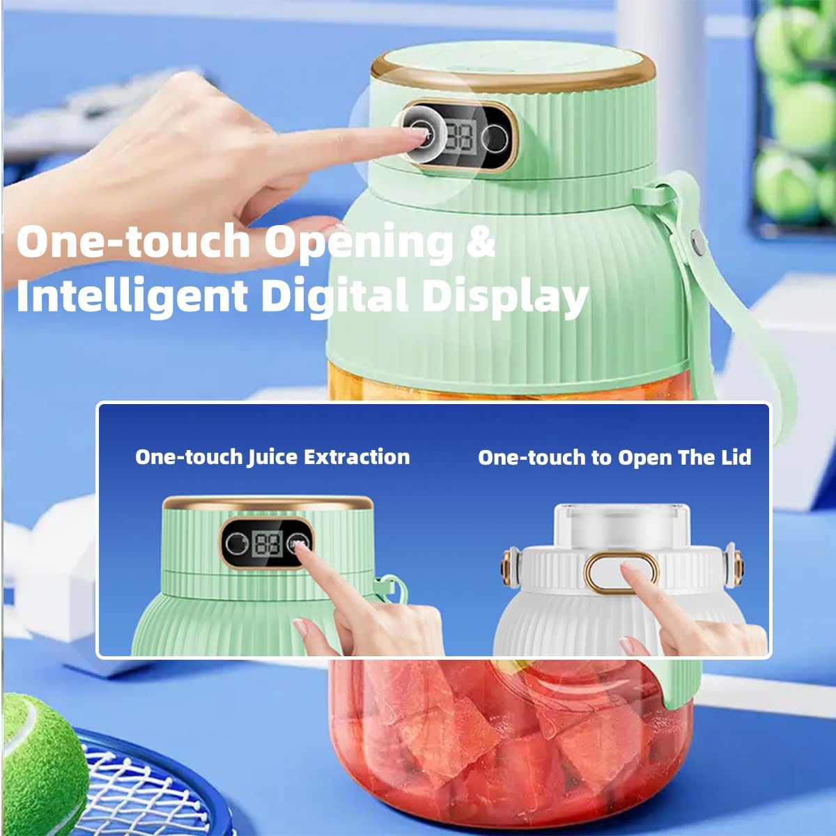 Multifunctional Portable Juicer Cup with Digital Display, 42 Oz Mini Personal Blender, BPA Free, Portable Juicer Cup, Small Travel Blender for Shakes and Smoothies (Blue, 2*Cup,2*Lid)