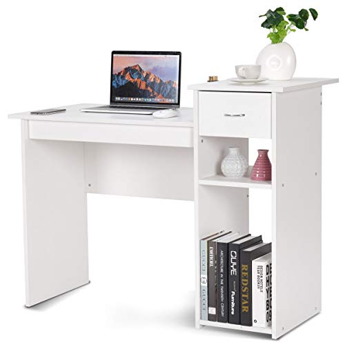 Home Office Bedroom Dorm Living Room Classic Furniture Decor Computer Writing Table Laptop CPU Multifunction Desk with Shelf and Drawer Sturdy White Wood Large Capacity Storage Easy Assembly
