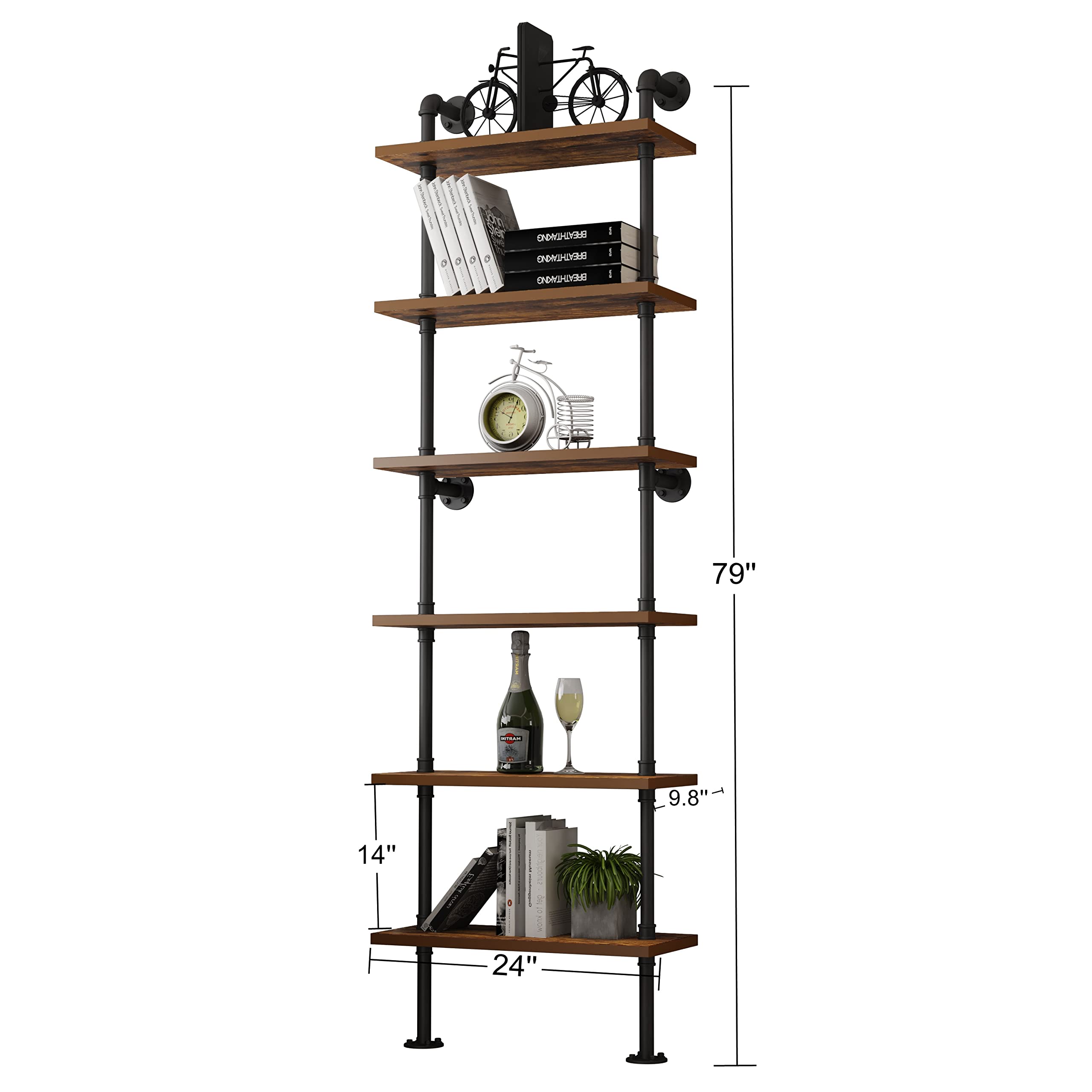 HOMEKAYT Wood Wall Shelf Ladder Bookshelf Wall Mounted Storage Decor Shelf for Home, Office, Living Room(6-Tier)-Black