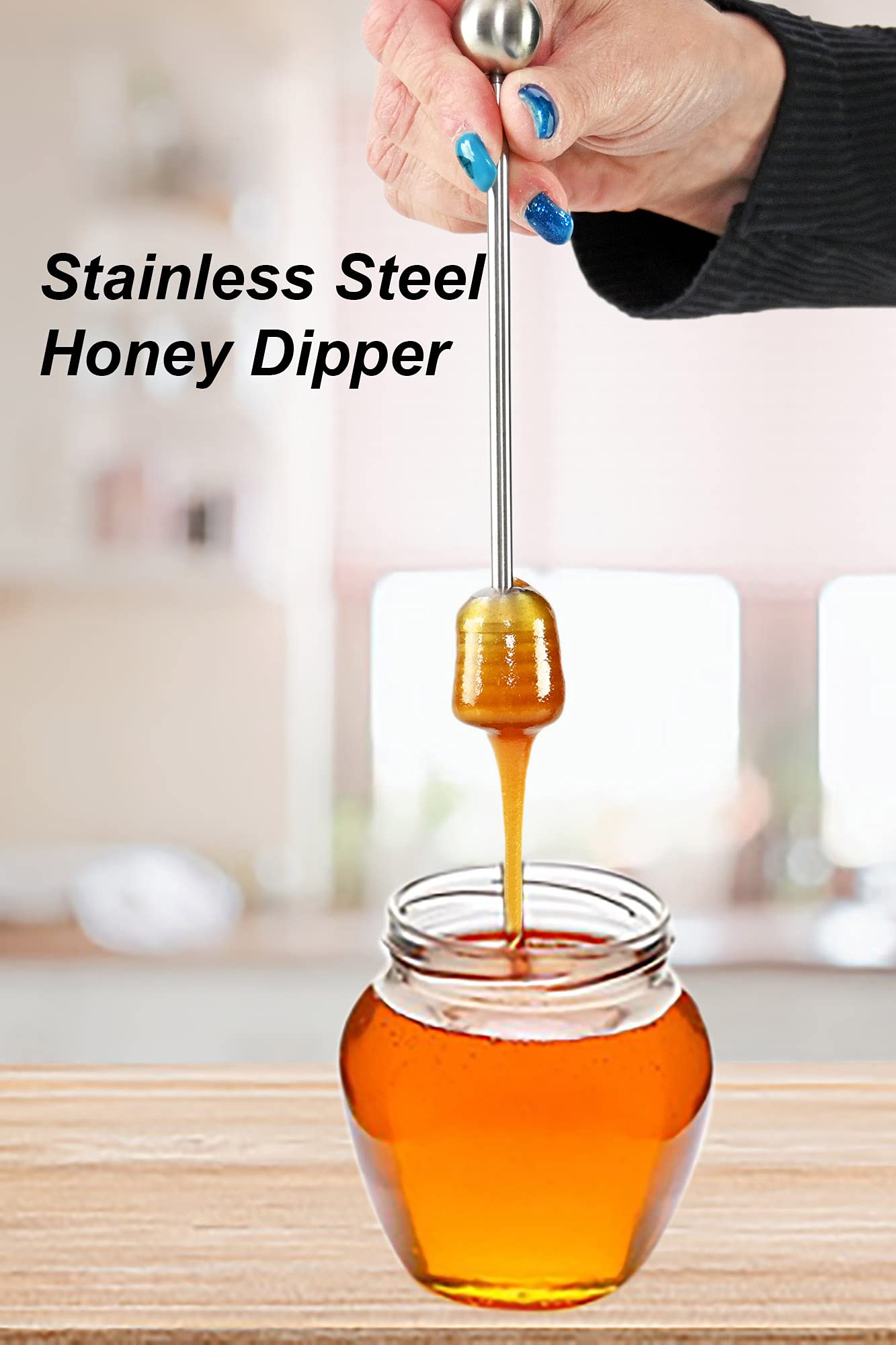 HOME-X Stainless-Steel Honey Dipper Wand for Honey Jars, Stainless-Steel Stirrer for Serving Honey and Syrup, Candy and Chocolate Drizzler Tool, 6 ¼” L x ¾” D, Stainless Steel