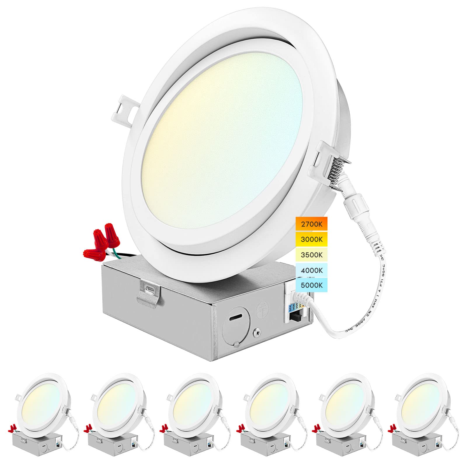 LUXRITE 6 Inch Gimbal LED Recessed Lighting, 5 Color Selectable 2700K-5000K, 1400 Lumens, Adjustable Swivel Downlight, Dimmable, 15W, Wet Rated, IC Rated, High Output, ETL Listed (6 Pack)