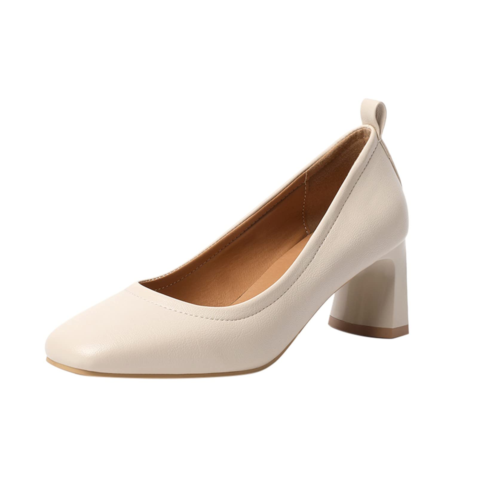 Ladies Fashion Solid Color Leather Square Head Thick High Heeled Casual Shoes Chunky Platform Loafer Beige