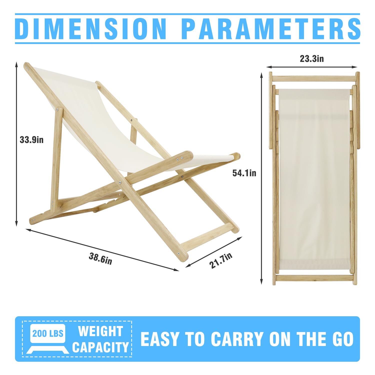 PetsCosset Wooden Patio Lawn Deck Chairs 2 Set Outdoor Camping Sling Chairs,Beach Sling Chair Set - Durable Acacia Wood and Triple-Layer Polyester Canvas, Adjustable and Portable(Natural Wood)