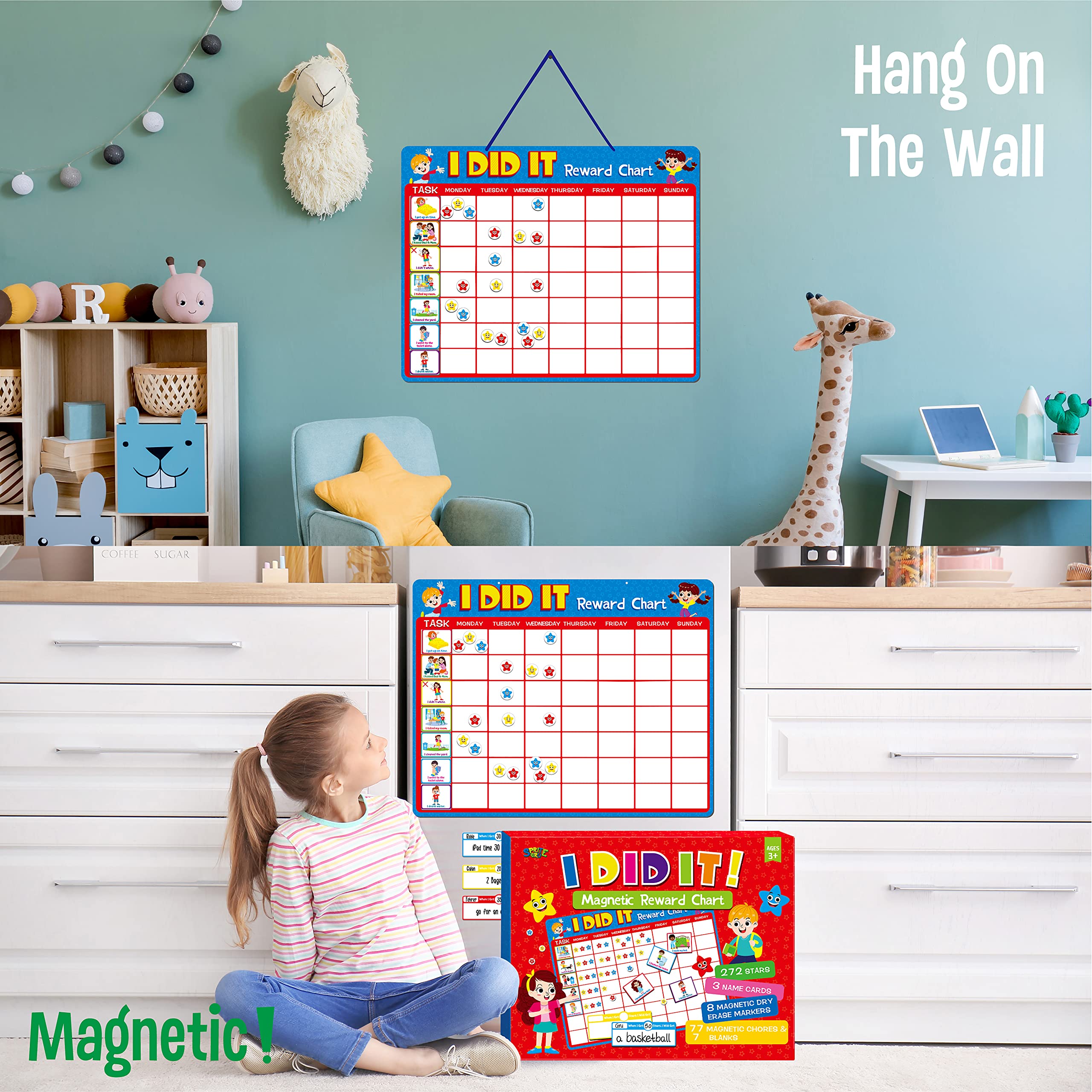 Magnetic Reward Chart, Dry Erase Kids Behavior Responsibility Task Board-84 Chores (including 7 Blanks), 272 Magnetic Stars, 8 Markers & 3 Name Cards-Good Behavior Daily Routine to motivate kids
