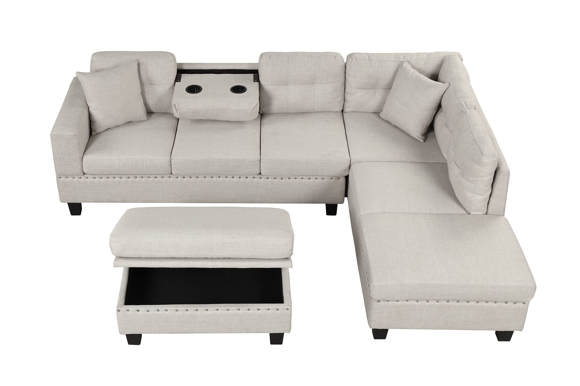P PURLOVE Modern Sectional Sofa for Living Room, Linen L-Shape Couch with Storage Ottoman and 2 Pillows and Cup Holder, Livingroom Sofa with Reversible Chaise for Apartment, Studio (Light Gray)