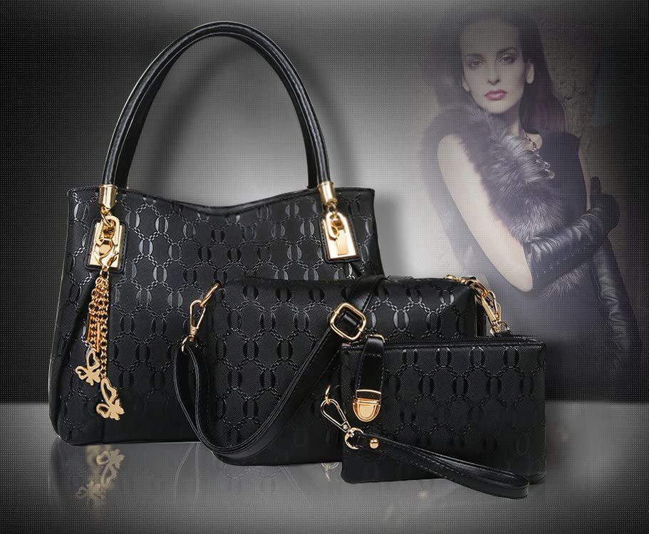 Luxury 2022 Leather Top Handle Bag Wallets Key Female Women Set 3 Black New, BlackWith3pieces