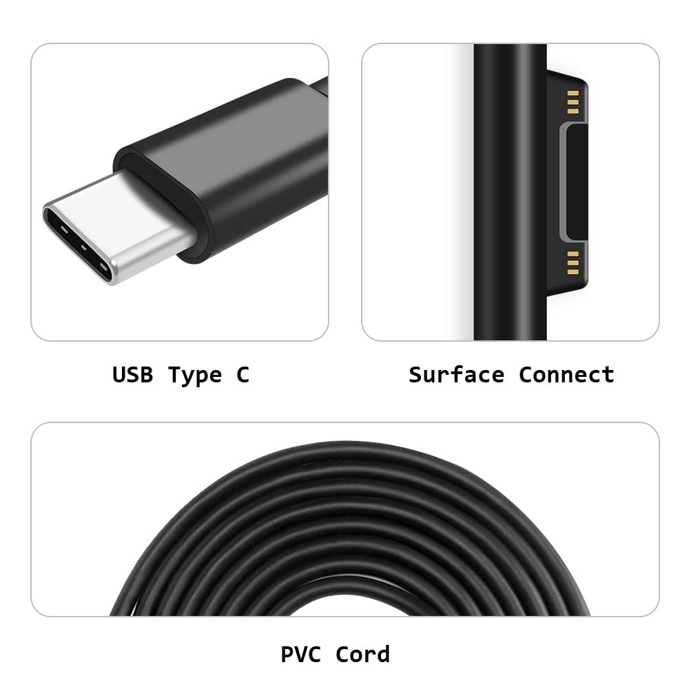 MQDITH Surface Connect to USB C Charging Cable Compatible with Microsoft Surface Pro 7/6/5/4/3, Surface Go 2/1, Surface Laptop 3/2/1, Surface Book1(Black, PVC)