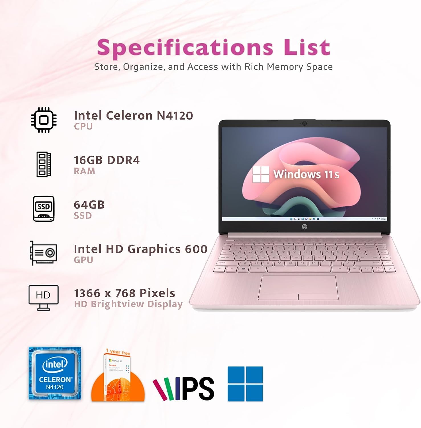 HP 2023 Newest Stream Laptop, 14" Display, Intel Celeron N4120, 4GB RAM, 64GB eMMC, Intel UHD Graphics 600, Wi-Fi, Bluetooth, Webcam, 1 Year Office 365, Windows 11 Home in S Mode, Pink