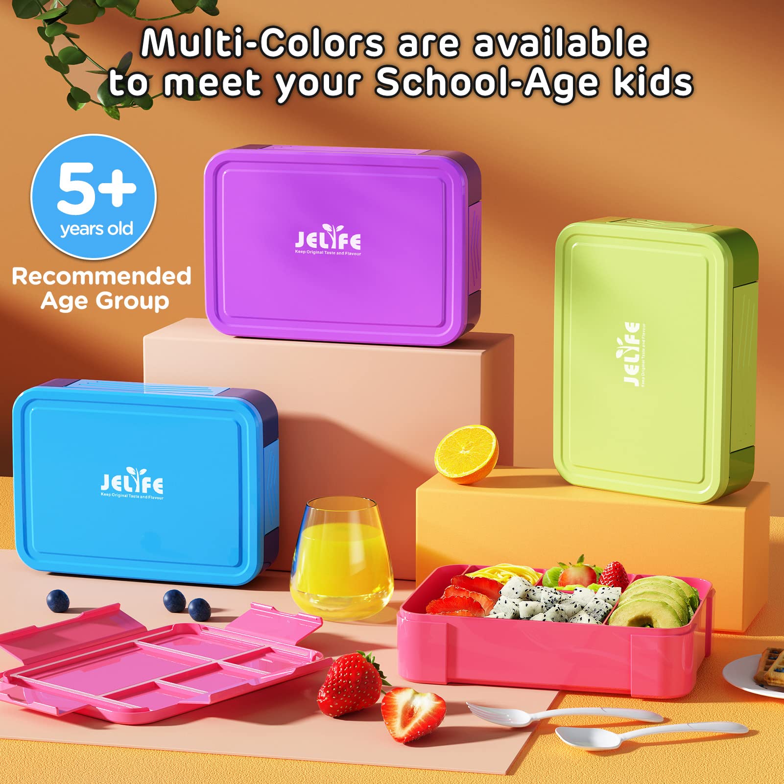 Jelife Bento Lunch Box for Kids - 1450ml Leakproof Kids Bento Box 6 Compartments Toddler Lunch boxes with Silverware for Back to School, Reusable LunchBox Snack Container for Daycare